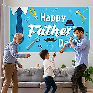 WATINC Happy Father’s Day Backdrop Banner 78” x 45” Extra Large Blue Background Banners Shirt Tie Hat Moustache Polyester Backdrops Party Decorations Photo Booth Prop for Indoor Outdoor