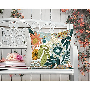Jartinle Boho Flowers Leaves Outdoor Pillow Covers 16x16 Inch Set of 2 Waterproof Decorative Floral Square Outdoor Pillows for Patio Furniture Couch Bench Chair