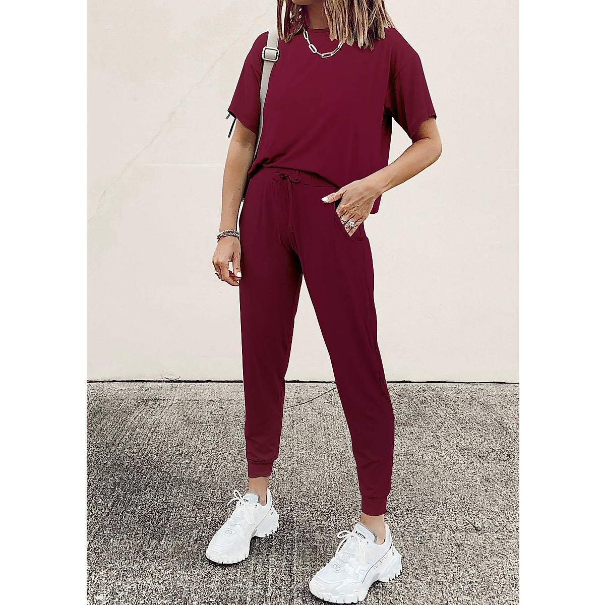 PRETTYGARDEN Women's Two Piece Outfit Short Sleeve Pullover with Drawstring Long Pants Tracksuit Jogger Set (Wine Red,XX-Large)