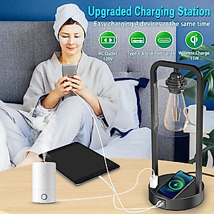 Wireless Charging Table Lamp Set of 2, Touch Control Dimmable Bedside Nightstand Lamps with Type C USB Port + AC Outlet, Glass Shade Desk Lamps Industrial Table Lamps for Bedroom, 6W Bulbs Included