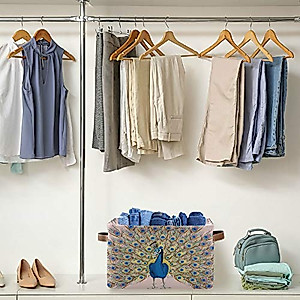 STAYTOP Large Storage Basket Peacock Painting Collapsible Toy Storage Bins Waterproof Laundry Basket with Handle,Used for Home Closets, Offices, Bedrooms 1PCS