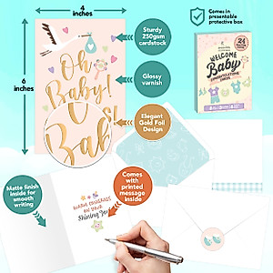24 Pack Gold Foiled Baby Cards Congratulations With Envelopes & Stickers, 8 Designs with Printed Message New Baby Cards, 4x6" New Baby Card Baby Shower Cards Gender Neutral, Baby Congratulations Cards