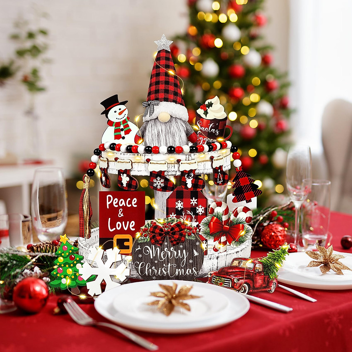 13 Pc Christmas Gnome Plush Tiered Tray Decor Set - Holiday Table Decorations for Home Kitchen Party