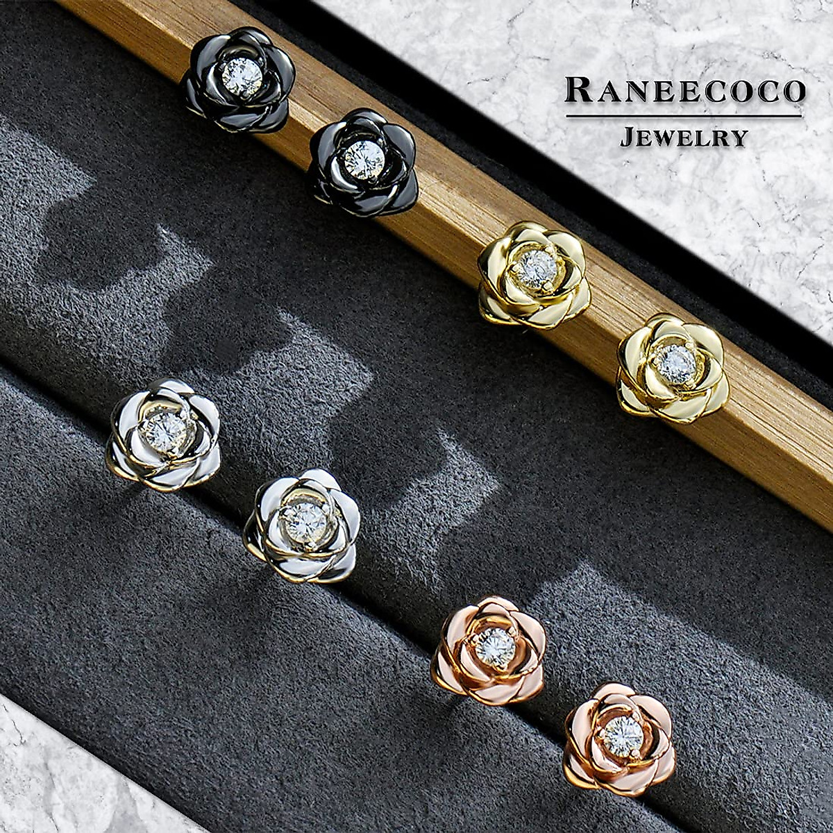 Black Gold Plated Sterling Silver Rose Flower Earring Studs, Hypoallergenic & Nickel Free Earrings for Women