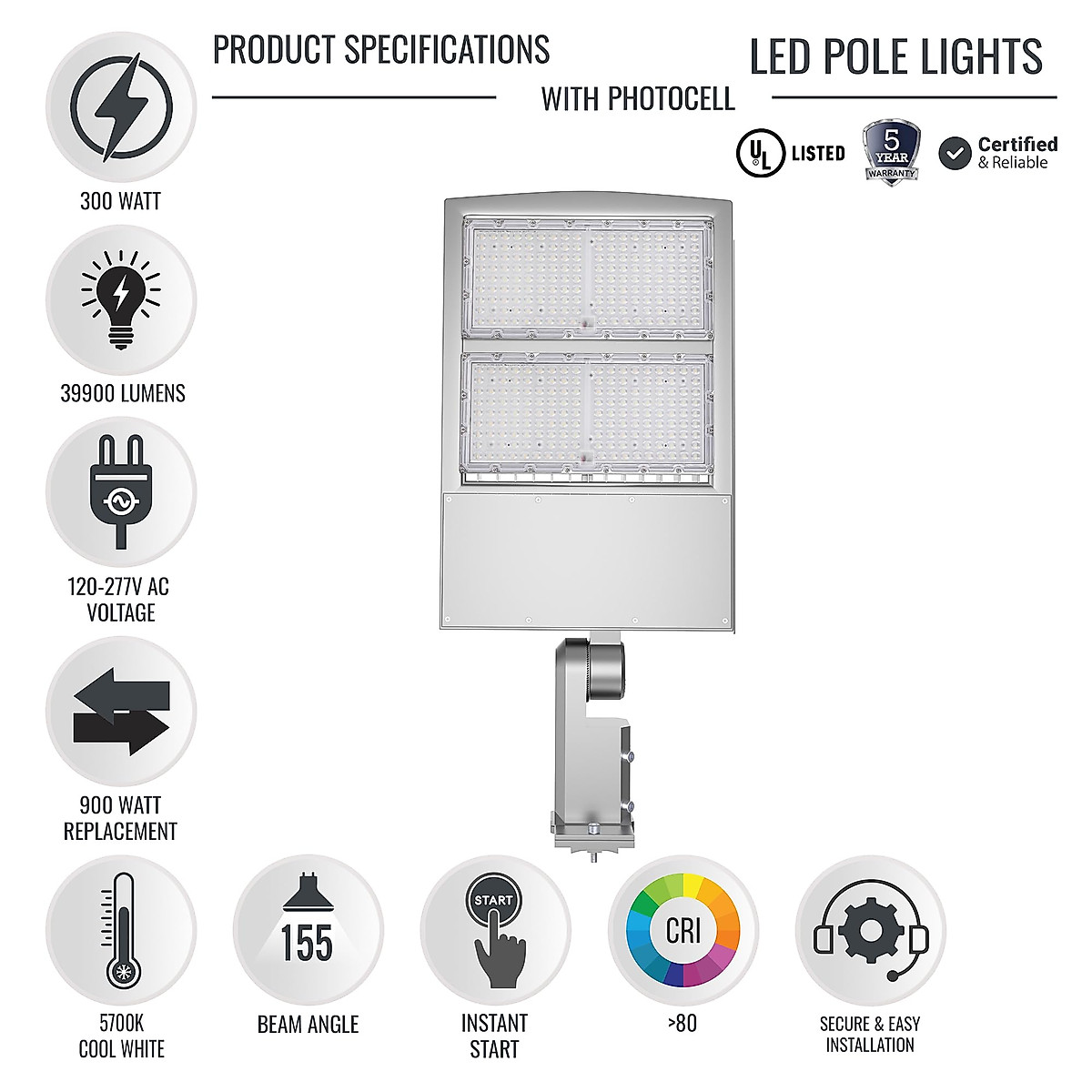 LEDMyplace 300W/240W/200W Adjustable LED Parking Lot Lights with Photocell Dusk to Down Shoebox Lighting 5700K, 39900LM, 120-277V Outdoor Security Commercial Pole Lights for Stadium, Roadways, Street