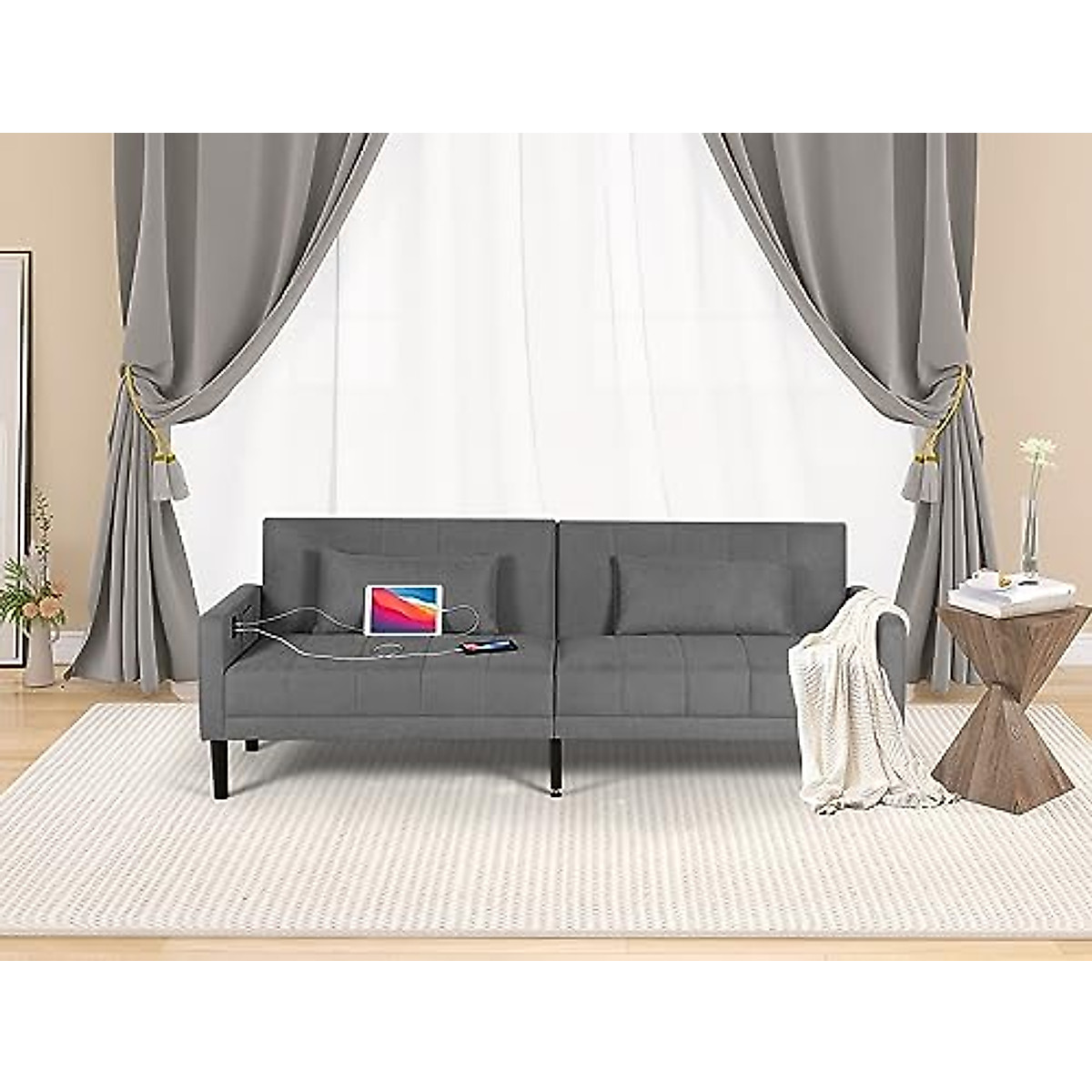 TYBOATLE 82” Modern Upholstered Convertible Folding Futon Sofa Bed, Sleeper Bed Couch w/USB Charging Ports and Pillows, Tufted 3 Seat Loveseat Sofas for Living Room, Apartment, Bedroom (Grey)