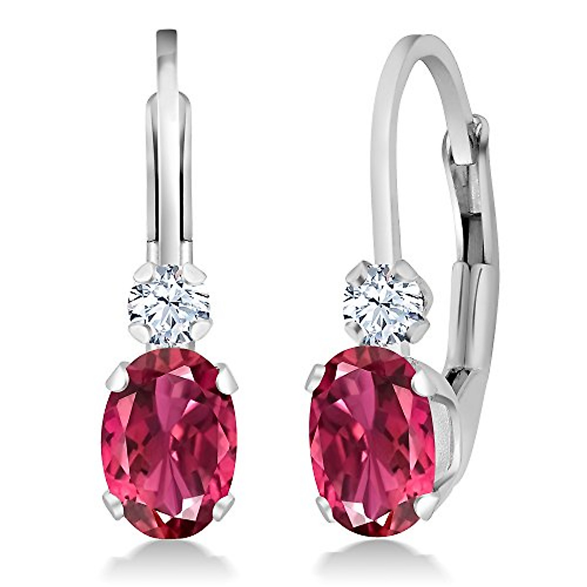 Gem Stone King 925 Sterling Silver Pink Tourmaline and White Created Sapphire Leverback Earrings For Women (0.84 Cttw, Gemstone October Birthstone, Oval 6X4MM, Round 2MM, 3/4 Inch)