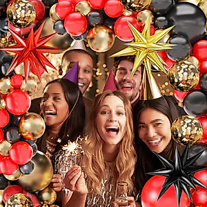 121 Pack Red Black Gold Balloons Arch Kit with Star, Red Black and Gold Balloon Garland for Graduation Anniversary Casino Night Hollywood New Years Movie Night Birthday Decorations