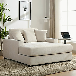 Brabrety Oversized Chaise Lounger Modern Style Sofa Couch,with Pillows, Charge Station & Cup Holders, Chenille Fabric (Cream-55in)