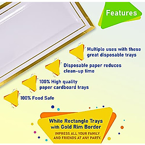 10 White Rectangle Trays with Gold Rim Border for Elegant Dessert Table Serving Parties 14" X 7.5" Heavy Duty Disposable Paper Cardboard for Platters Cupcake Display Birthday Party Weddings Food Safe