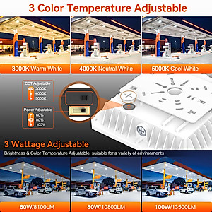 BBESTLED LED Canopy Light with Photocell, 60W 80W 100W Adjustable, UL&DLC Listed 13500LM Carport Lights 3000K/4000K/5000K, AC100-277V IP65 Waterproof Canopy Light for Gas Station, Dusk to Dawn