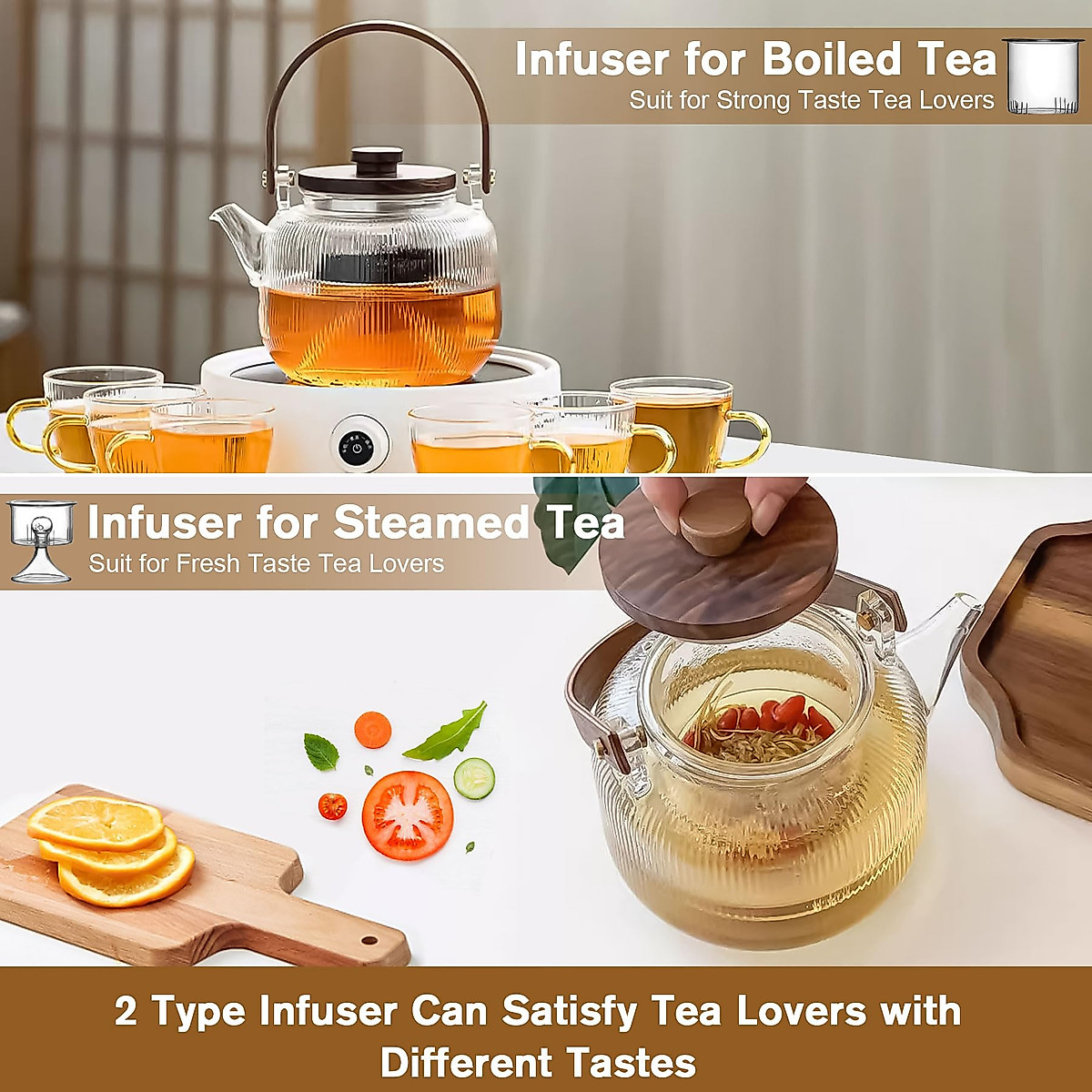 1000ml(33.8oz) Glass Teapot Kettle with 2 Type Removable Infuser and Wooden Lid, Borosilicate Glass Tea Pot Gas & Electric Stovetop Safe, Tea Maker for Loose Leaf & Blooming Tea, 2 Way for Boiling Tea