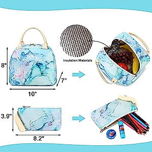 LEDAOU Backpack for Girls School Bag Kids Bookbag Teen Backpack Set Daypack with Lunch Bag and Pencil Case (Marble Purple Blue Green)