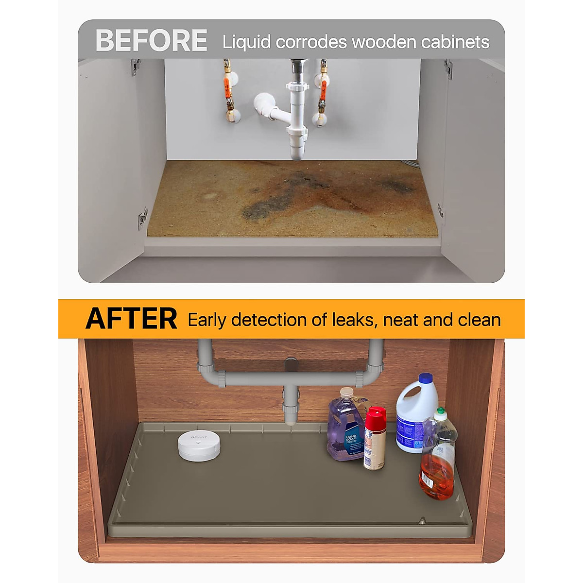 Under Sink Mat, Waterproof Silicone Mat with Water Leak Sensor Alarm, 34" x 22" Kitchen Cabinet Mat, Under Sink Liner Holds up to 3.7 Gallons Liquid(Brown)