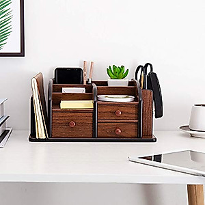 Brown Wooden Office Supplies Caddy Tabletop Storage Desk Organizer with Compartments 3 Drawers Slots 2 Shelves Racks Holder Pen, Pencil & Marker Cases Multifunction Desktop Stationery Accessory Sorter