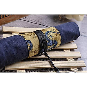 Canvas Pencil Wrap Pouch Cotton Roll Up Pen Organizer with Pencil Loops and Zipper Pocket,Travel Pen Pouch Case for Artists,Students(No Pencil Included) (Chinese Dragon)