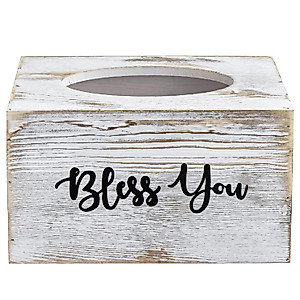 MyGift Rustic Whitewashed Solid Wood Tissue Box Holder Cover, Rectangular Tissue Holder with Easy Slide Out Bottom and Bless You Cursive Lettering