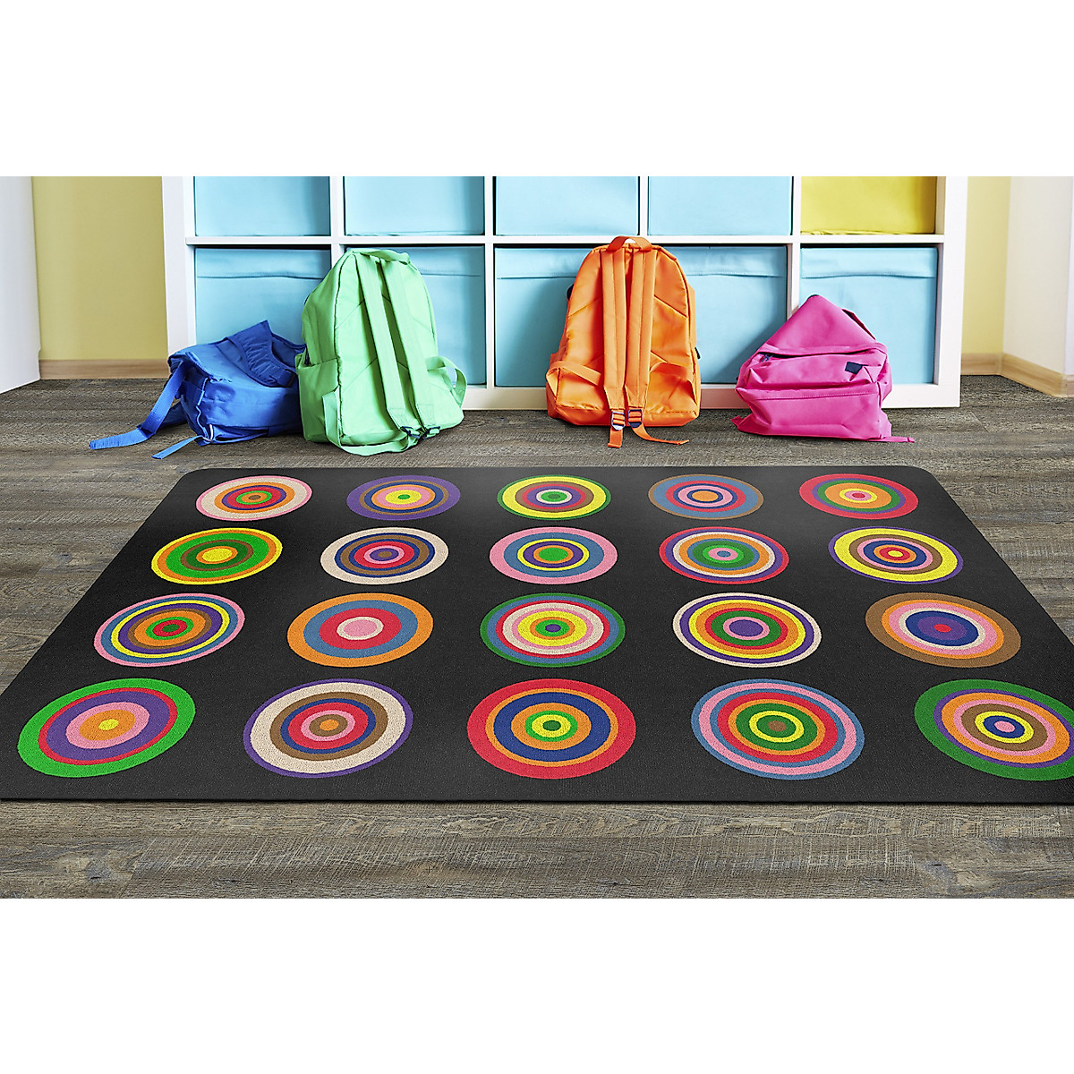 Flagship Carpets Color Rings Colorful Children's Area Rug for Kids Room Circle Seating Décor, Play Carpet for Teaching and Playing, Seats 20, 5'10" x 8'4", Black