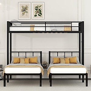 L Shaped Metal Triple Bunk Bed for 3 Kids, Twin over Twin & Twin Bunk Beds with Build in Ladder and Guardrails, Twin over Twin & Twin XL Triple Bunk for Kids, Teens, Adults, Black Triple Bunk Bed