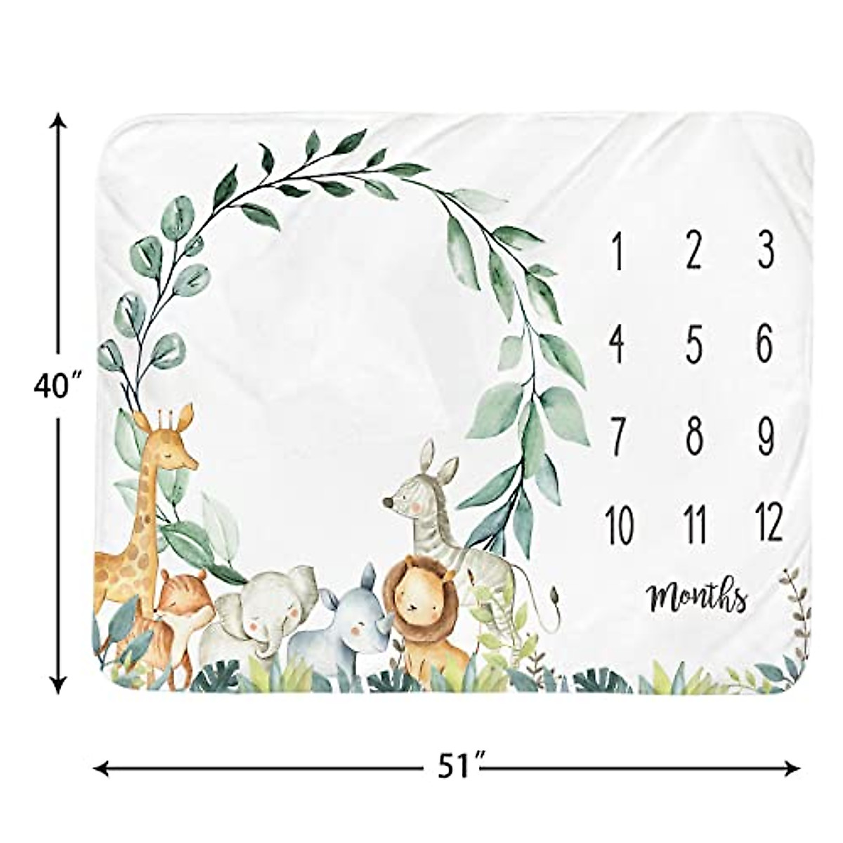 Baby Monthly Milestone Blanket Boy - Jungle Animals Newborn Month Blanket Neutral Safari Personalized Shower Gift Eucalyptus Leaf Wreath Nursery Decor Photography Background Prop with Frame 51''x40''