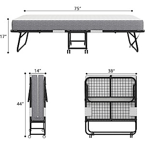 Espsilto Folding Bed with Mattress, Portable Bed for Guest, Foldable Bed with Memory Foam Mattress, Twin Size 75" x 38" Rollaway Bed with Metal Frame for Adults