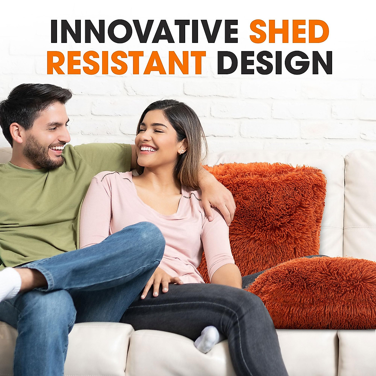 Cheer Collection Throw Pillows for Couch with Inserts Included - Soft Shaggy Long Hair Faux Fur Pillows - Set of 2-20" x 20" - Rust Orange