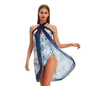 One Piece Swimsuit with Cover Up Sarong Swimsuits for Women Modest Swimsuit with Cover Up Set Printed Wrap Bathing Suit Slimming Two Piece Bathing Suit Blue Floral Large