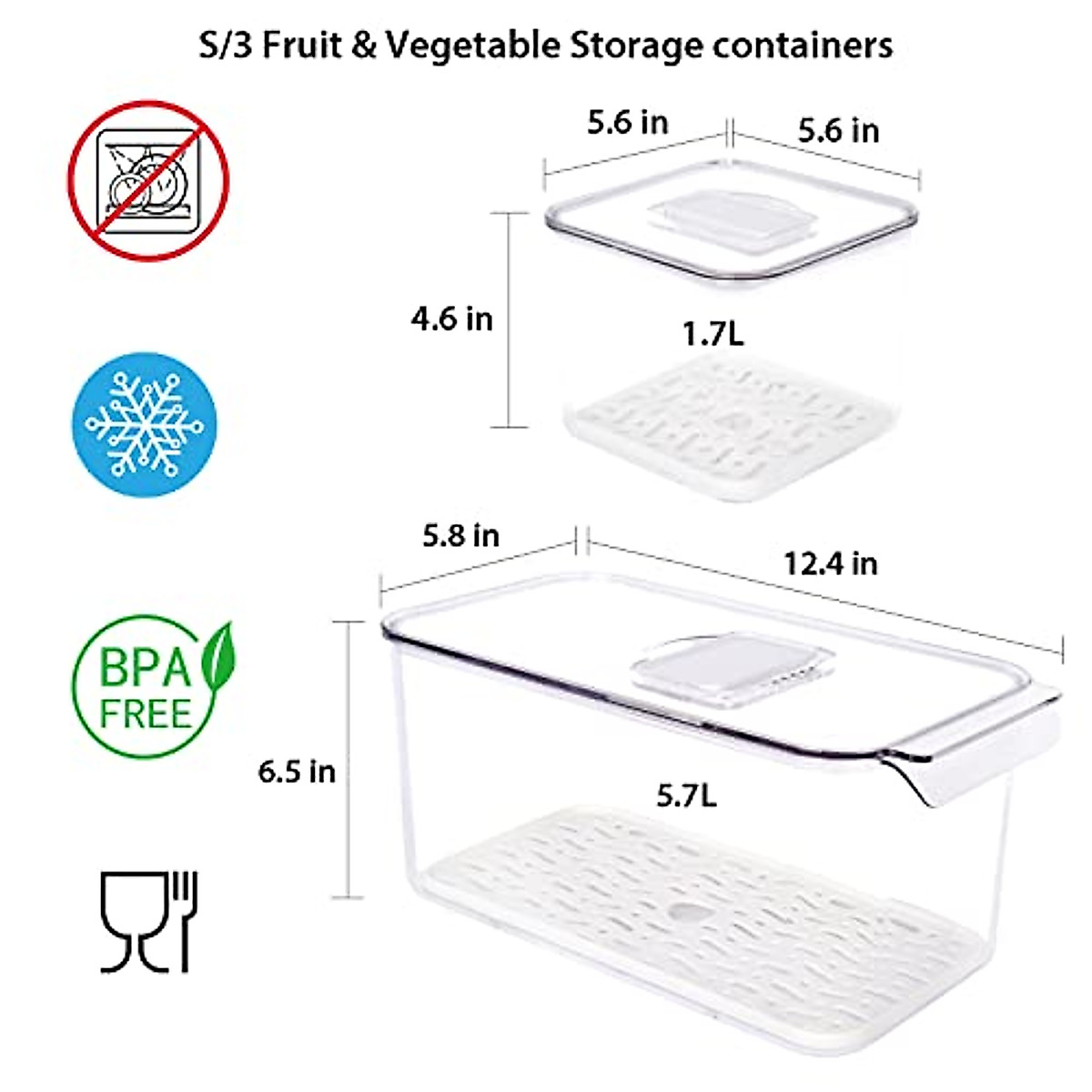 3 Pcs Fruit Fresh Keeper Vegetable Storage Containers Set Fresh Produce Saver with Lids and Vents,Stackable Salad Lettuce Keeper for Refrigerator or Easy Carry,BPA-free Stay Fresh Containers,5.7L&1.7L&1.7L