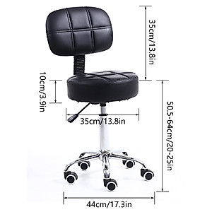 KKTONER Round Rolling Stool with Back PU Leather Height Adjustable Swivel Drafting Work SPA Salon Stools Chair with Wheels (Black)