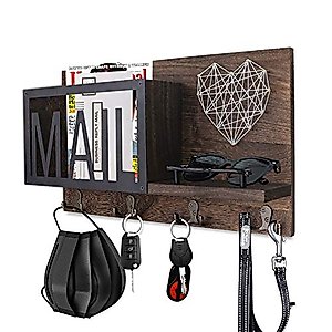 FREEDHIN Mail Organizer Wall Mount with 4 Key Hooks, Key Holder for Wall Wooden Mail Sorter Organizer and Floating Shelf Rustic Home Decor for Entryway or Mudroom (Dark Brown)