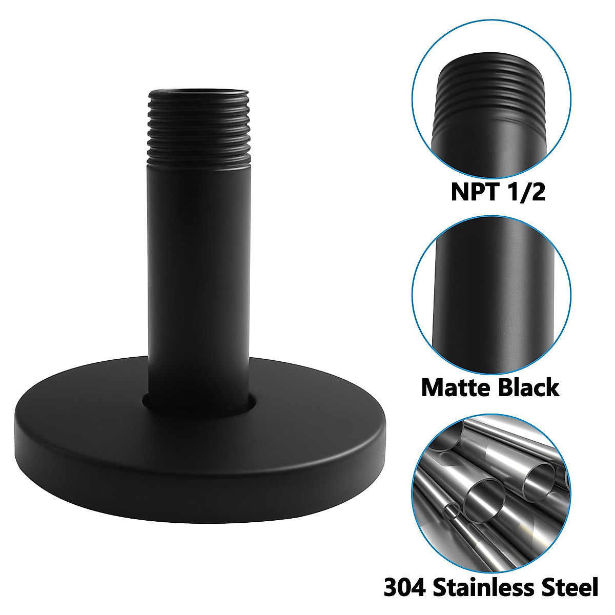 Straight Shower Arm with Flange, Ceiling Mount 3 Inches Rain Shower Head Arm Extension Replacement with Anti-Scratch Escutcheon Plate, DOLGABA Matte Black