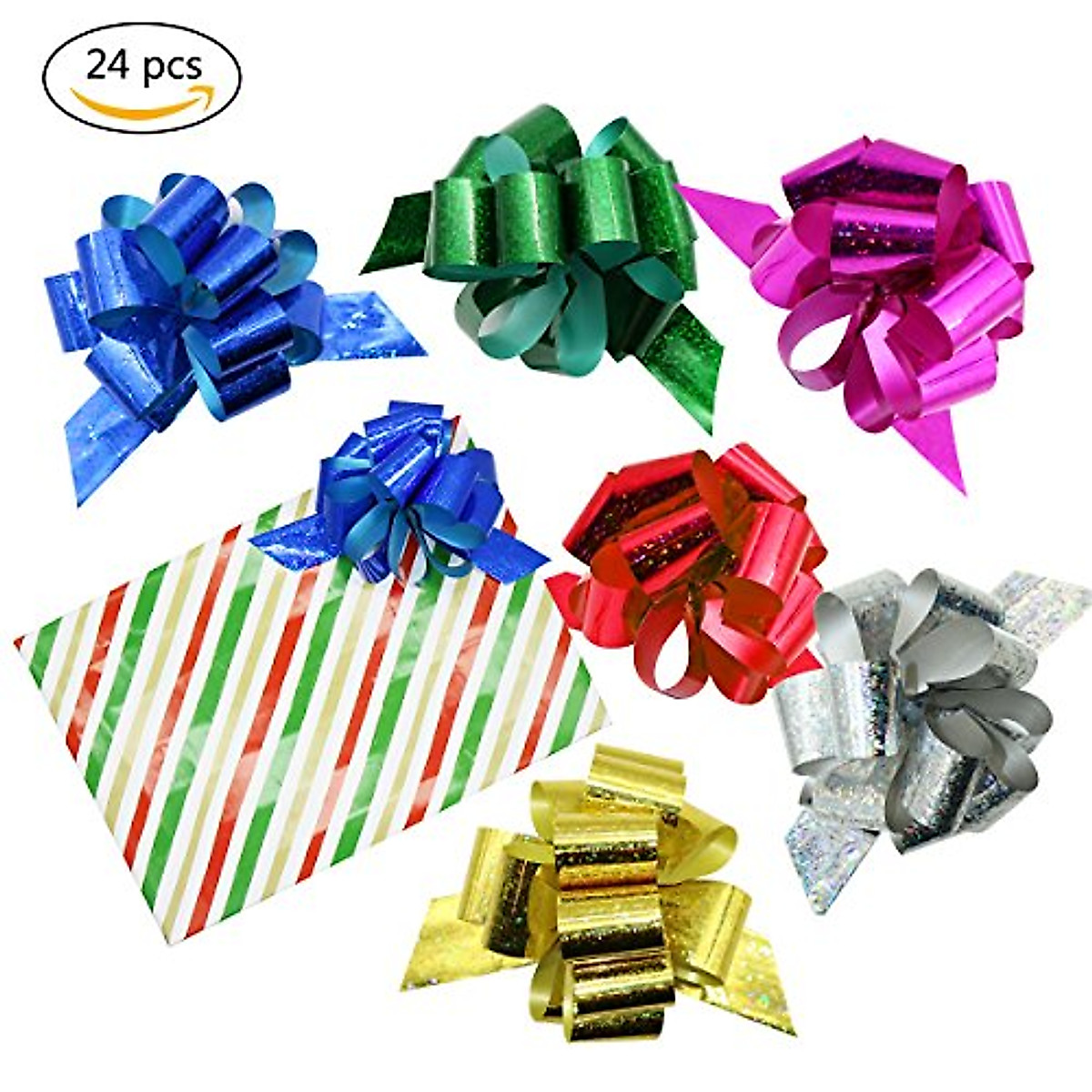 24PCS Gift Pull Bows- 4" Wide,6 Colors Gift Wrapping Christmas Wedding Valentine's Day Present Decoration Pull Bows