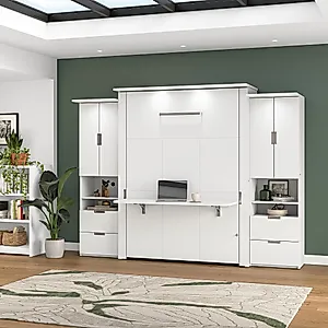 Bestar Lumina Murphy Bed with Desk and 2 Storage Cabinets in White, Sleeping Arrangement with Drawers, Queen