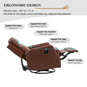 HULALA HOME Genuine Leather Swivel Rocker Recliner with Adjustable Backrest & Footrest, Manual Glider Reclining Chair for Living Room Bedroom, Home Theater Sofa Chair with 360° Swivel Base, Brown