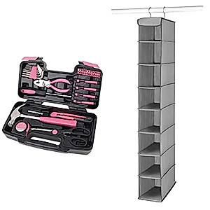 Apollo Tools Original 39 Piece General Household Tool Set in Toolbox Storage Case & Whitmor Hanging Shoe Shelves - 8 Section - Closet Organizer - Grey