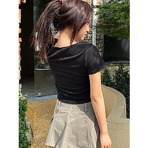 Floerns Women's Keyhole Neckline Asymmetrical Hem Heart Ring Short Sleeve Tee Shirt Black XL