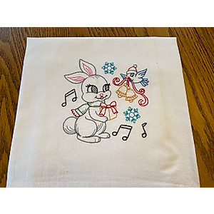 Christmas embroidered flour sack tea towel, Christmas bunny, vintage pattern, 1 in set of 7 designs, machine embroidery