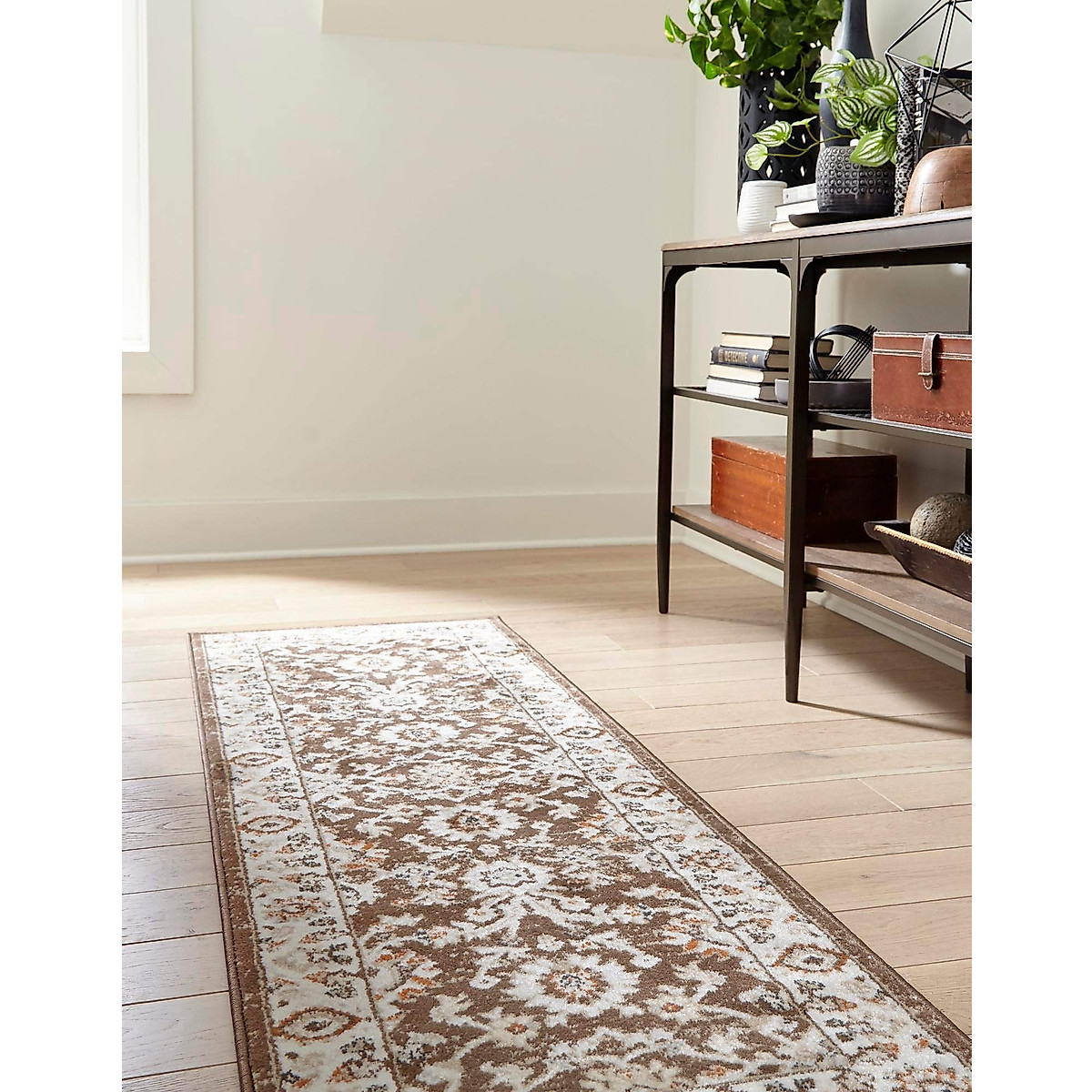 Rugs.com Charlotte Collection Rug – 6 Ft Runner Brown Low-Pile Rug Perfect for Hallways, Entryways