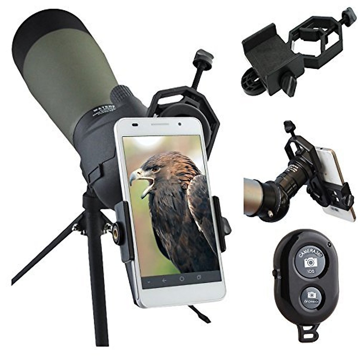 AccessoryBasics Binocular Spotting Scope Telescope Microscope Periscope Adapter Mount for Smartphone iPhone 13 14 Pro Max Galaxy S23 S22 S21 Note Pixel OnePlus Video Image Recording [Includes Remote]