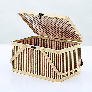HEFUTE Handmade Bamboo Basket with Lid, Handle Square Portable Organizer with Lock Fit for Clothes Storage Lightweight Durable Easy to Carry