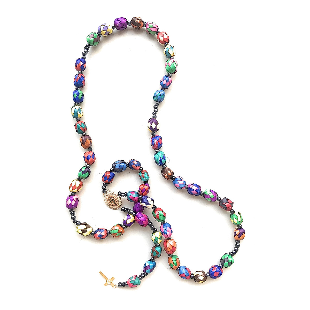 Handmade our lady of Guadalupe (image charm) colored palm rosary with christian catholic prayer in spanish long necklace rosario de palma con dije de imagen de virgen de Guadalupe religious jewelry
