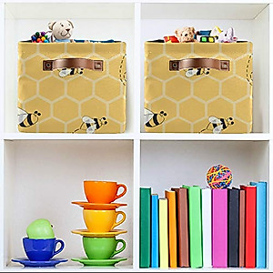 AUUXVA Collapsible Storage Bin Cube Yellow Honey Bees Pattern Laundry Basket Hamper Toy Cloth Organization Bag with Handle for Pantry Nursery Home Office Shelve,1 PC