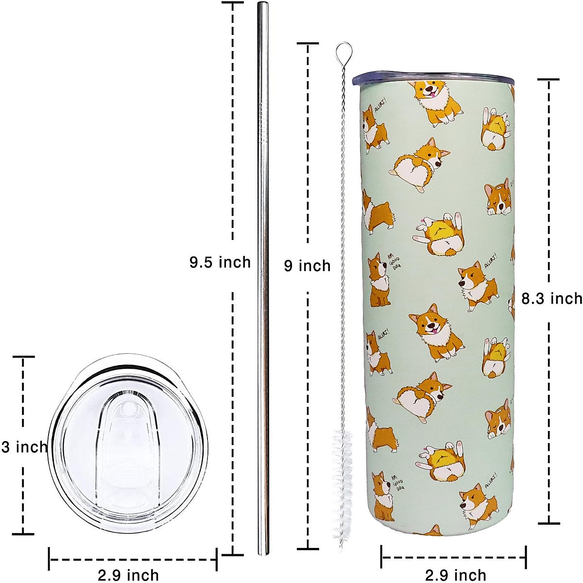 IchDich Corgi Tumbler With Lid and Straw 20 oz Insulated Dog Tumbler Stainless Steel Corgi Skinny Tumbler Water Bottle Travel Mug Wine Cups Corgi Gifts for Corgi Lovers