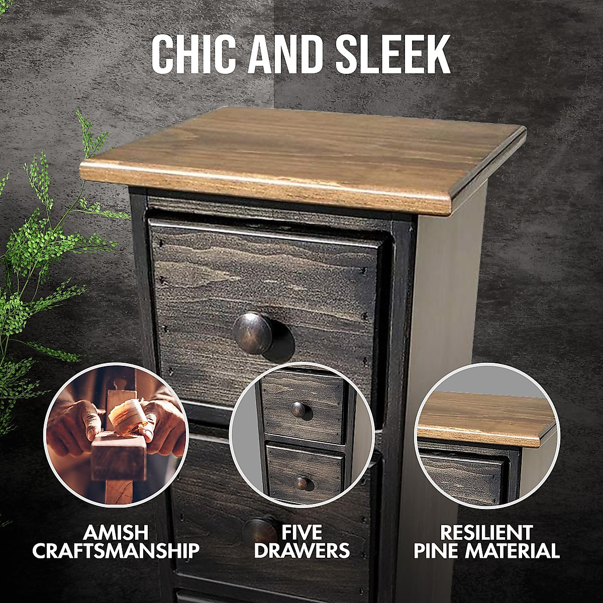 Peaceful Classics Tall Skinny Drawers for Small Spaces with 5 Drawer Storage Organizer - Amish Furniture Cabinet for Bathrooms, Living Room, Kitchen - 10"D x 10.75"W x 37"H - Mocha