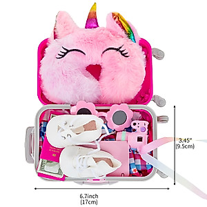 ZQDOLL American 18 inch Doll Clothes and Accessories - Doll Travel Suitcase Play Set Including Suitcase Doll Clothes, Shoes, Sunglasses, Camera, Unicorn Pillow, for 18 inch Doll(No Doll)