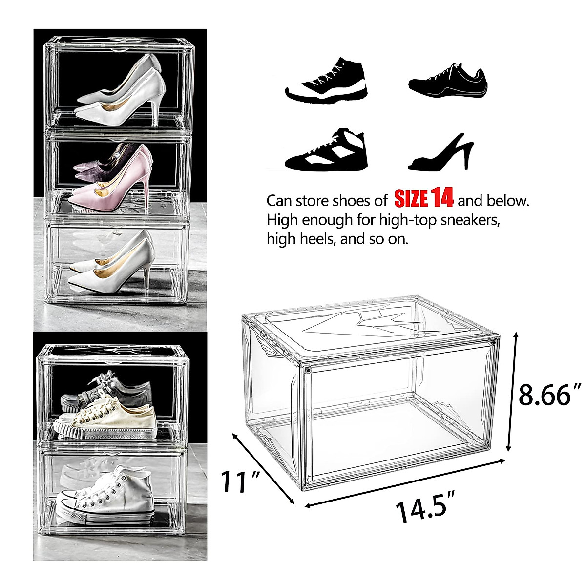 STAHMFOVER 3-Pack Clear Shoe Boxes Stackable Plastic Sneaker Box Container, Magnetic Side Open Shoe Organizer and Shoes Storage Case, Full Transparent Versatile Display Case for Hats/Models