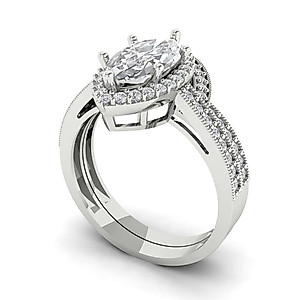 2.48 Carat Marquise Cut Clear VVS1 Ideal Zircon 14k White Gold Halo W/Accents Wedding Anniversary Ring Band Set Size 5.25