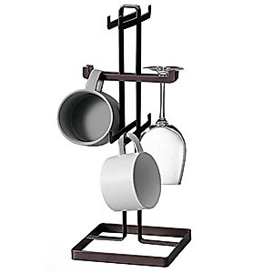 YEMUNY Mug Holder Stand 12 Hooks, Mug Tree Cup Stemware Storage Racks for 6 Wine Glasses (Brown)