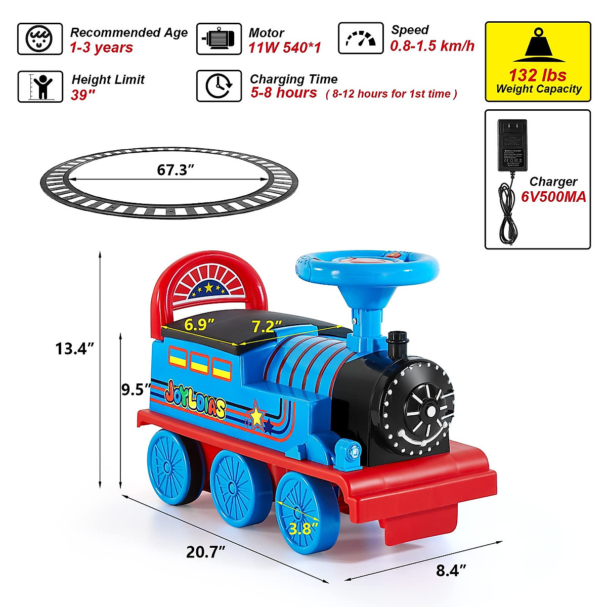 JOYLDIAS Ride On Train with 16pcs Curved Tracks, 6V Electric Ride On Toy Trains with Lights, Horns, Storage, Retractable Foot Pedals, Gift for Toddlers Under 39 inches, Blue