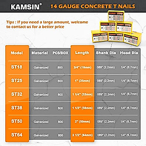 KAMSIN ST18 14 Gauge Concrete T Nails, 3/4'' (18MM) Length Collated Concrete T Nails, Galvanzied, 800 PCS/BOX, Fasteners for Pneumatic Concrete T Nailer, Air T Nail Gun